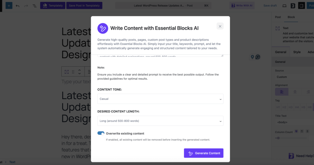 How to Configure Essential Blocks Write With AI Feature & Create Content For Posts/Pages ...